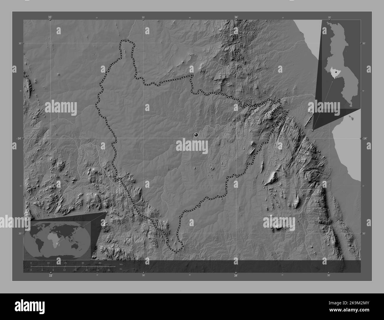Lilongwe, district of Malawi. Bilevel elevation map with lakes and ...