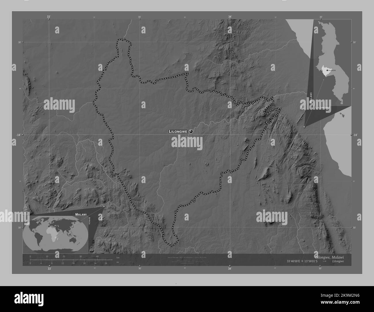 Lilongwe, district of Malawi. Grayscale elevation map with lakes and ...