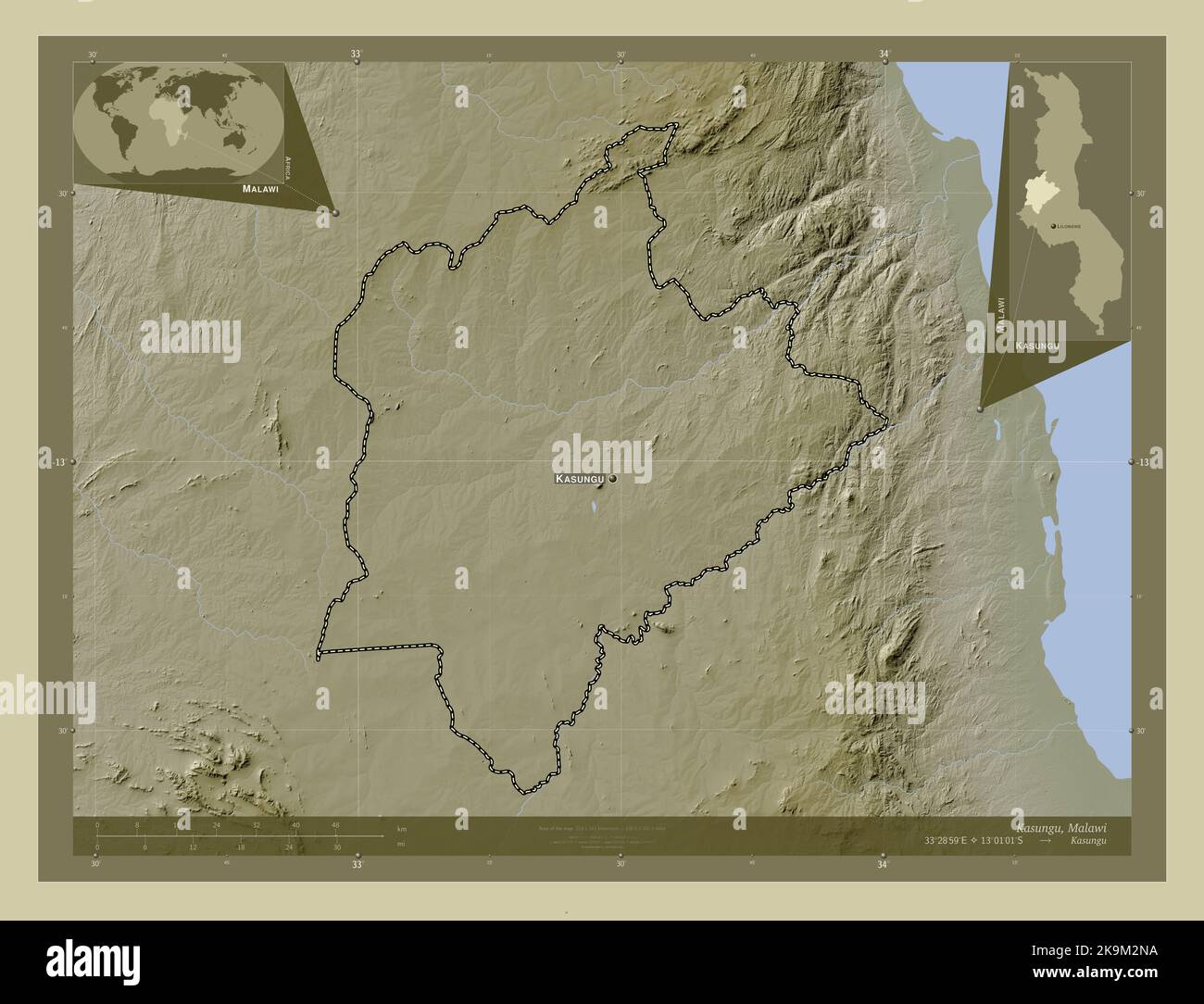 Kasungu, district of Malawi. Elevation map colored in wiki style with ...