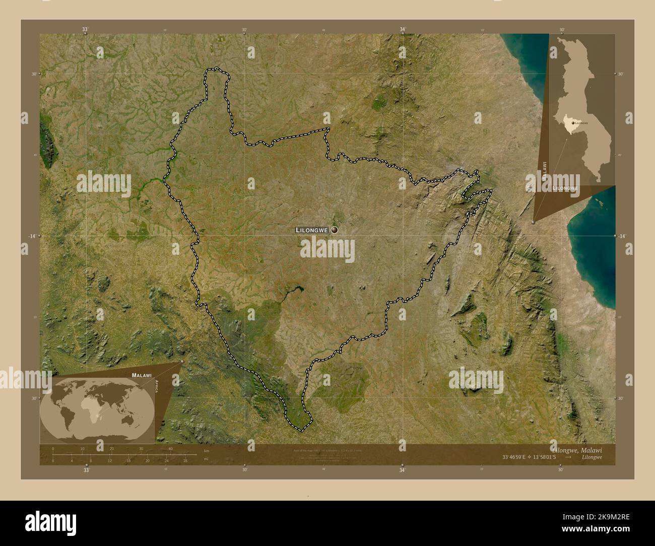 Lilongwe, district of Malawi. Low resolution satellite map. Locations ...