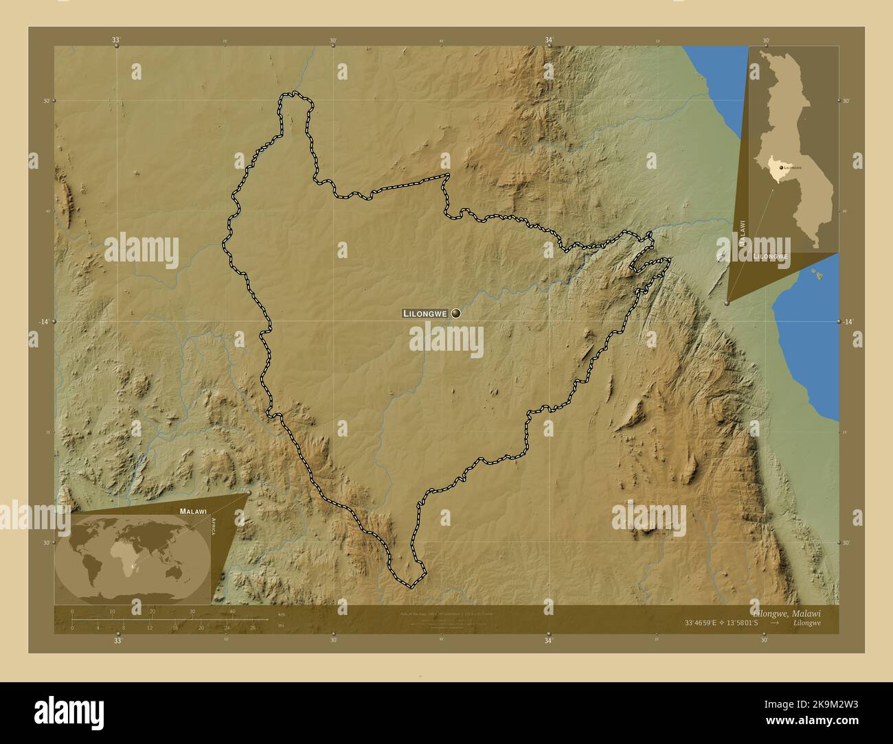 Lilongwe, district of Malawi. Colored elevation map with lakes and ...