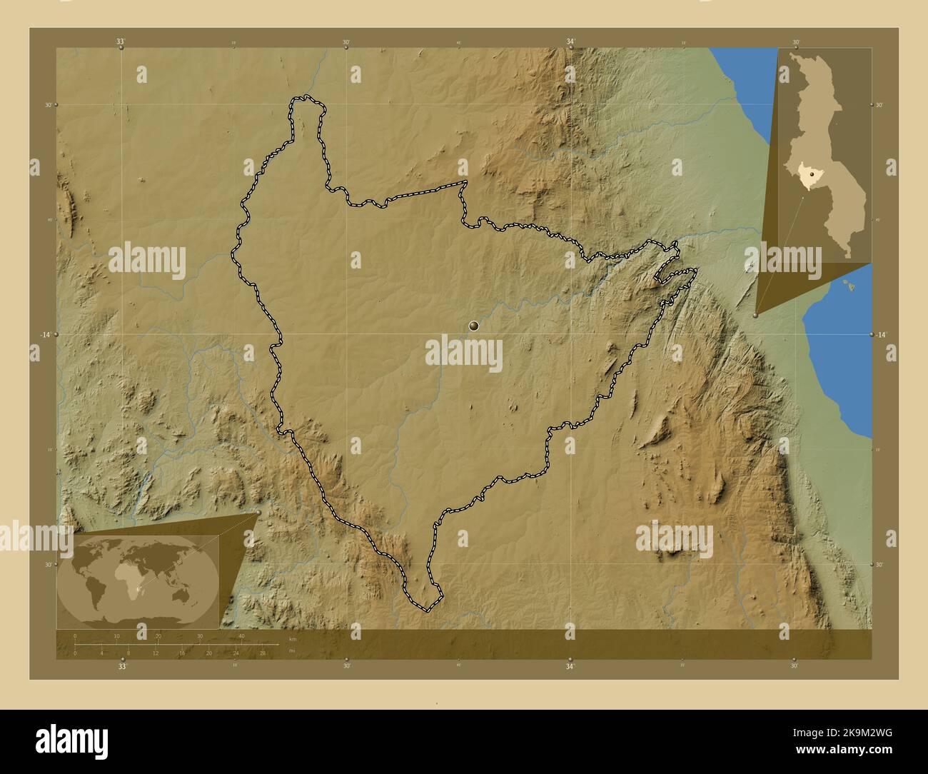 Lilongwe, district of Malawi. Colored elevation map with lakes and ...