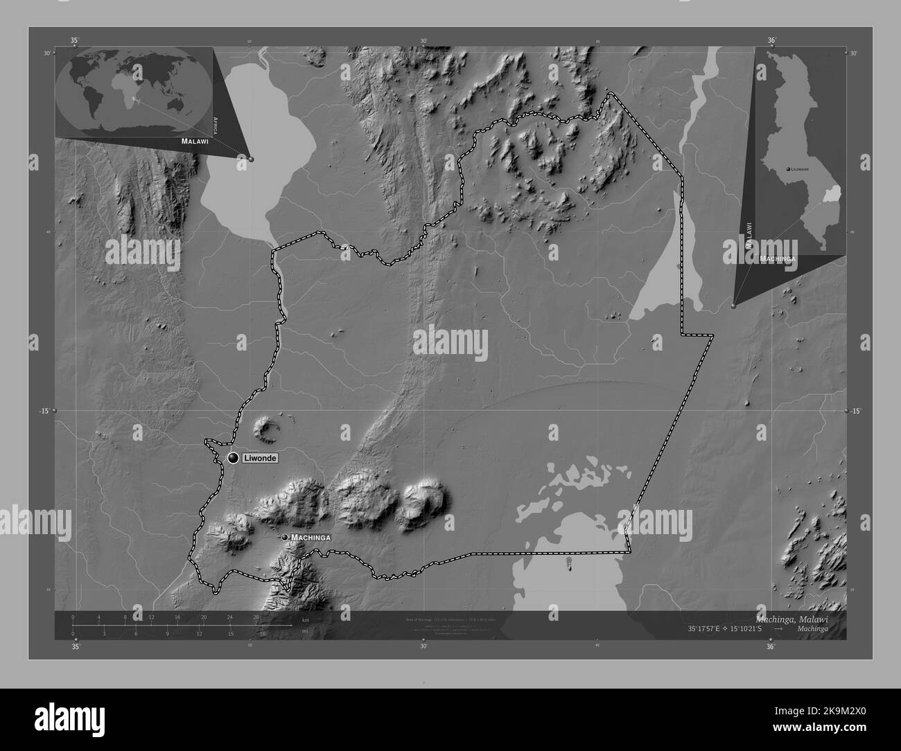 Machinga, district of Malawi. Bilevel elevation map with lakes and ...
