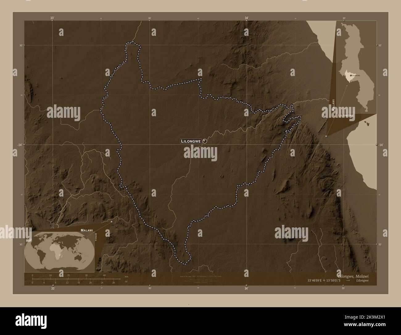 Lilongwe, district of Malawi. Elevation map colored in sepia tones with ...