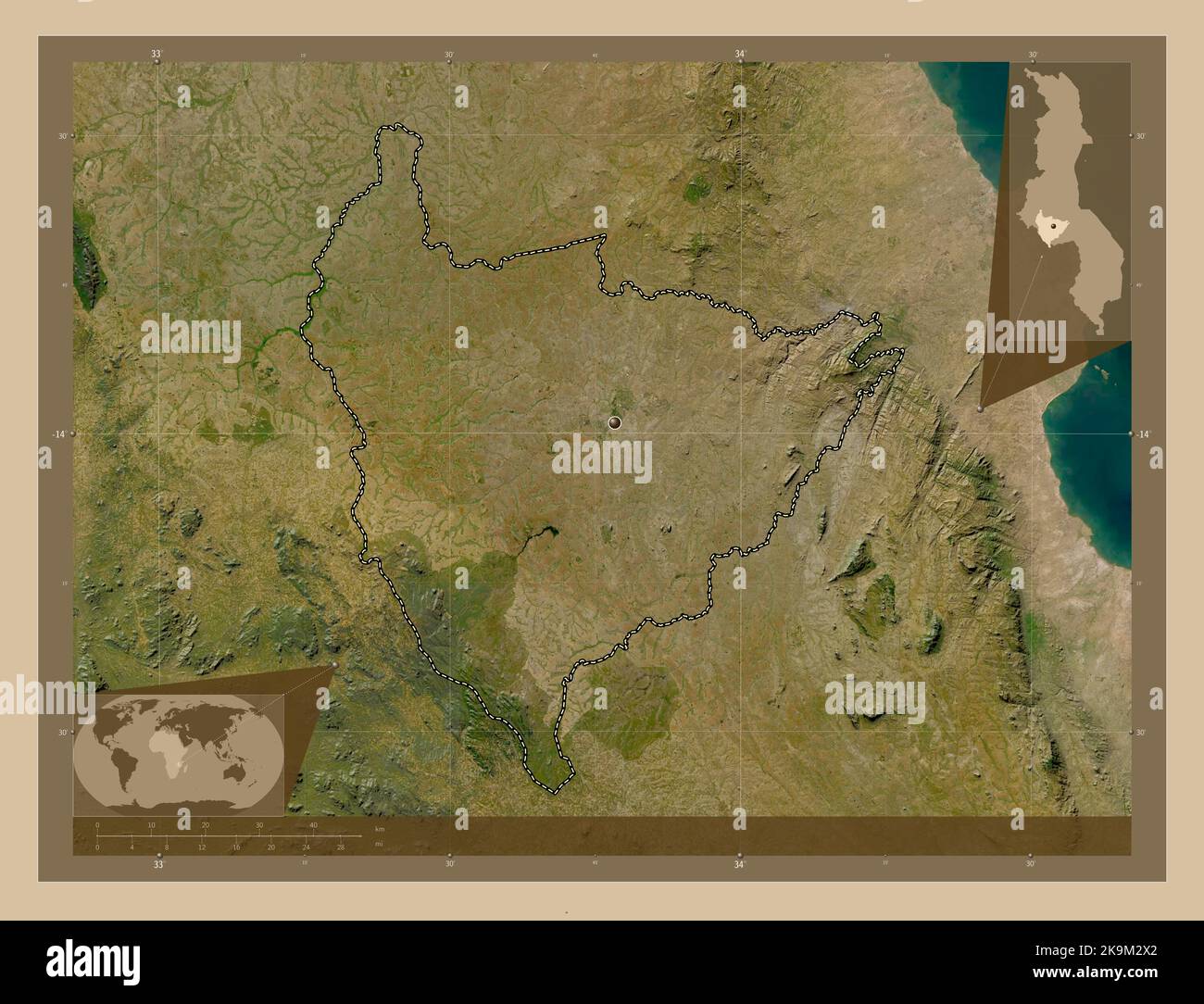 Lilongwe, district of Malawi. Low resolution satellite map. Locations ...
