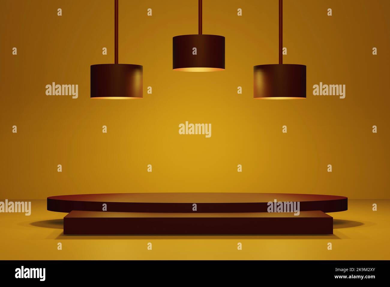yellow stage podium for advertising and and 3 lamps in room, empty ...