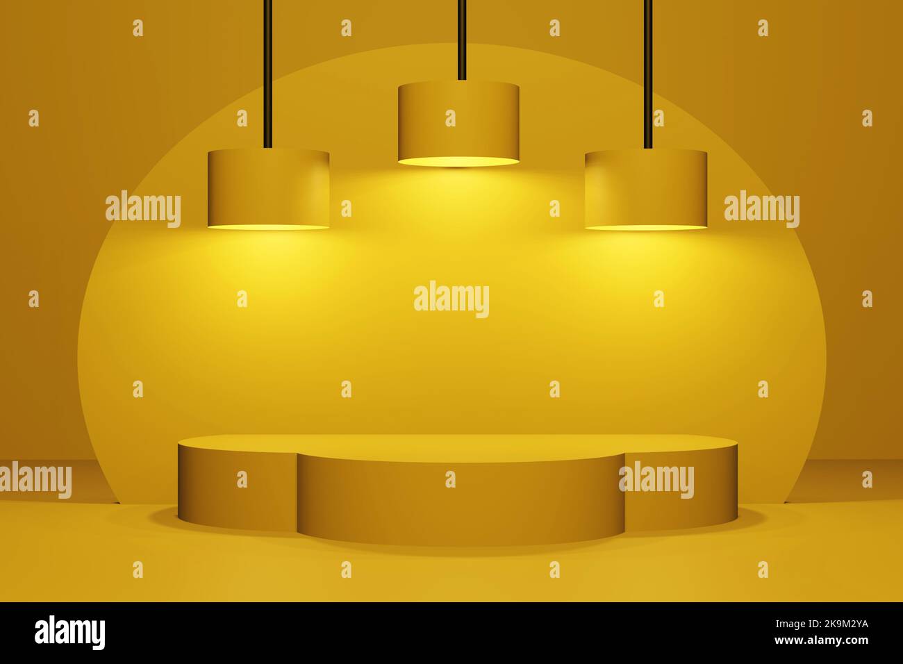 yellow stage podium for advertising and and 3 lamps in room, empty ...