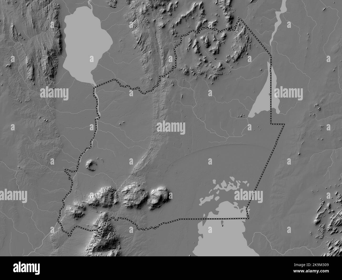 Machinga, district of Malawi. Bilevel elevation map with lakes and ...