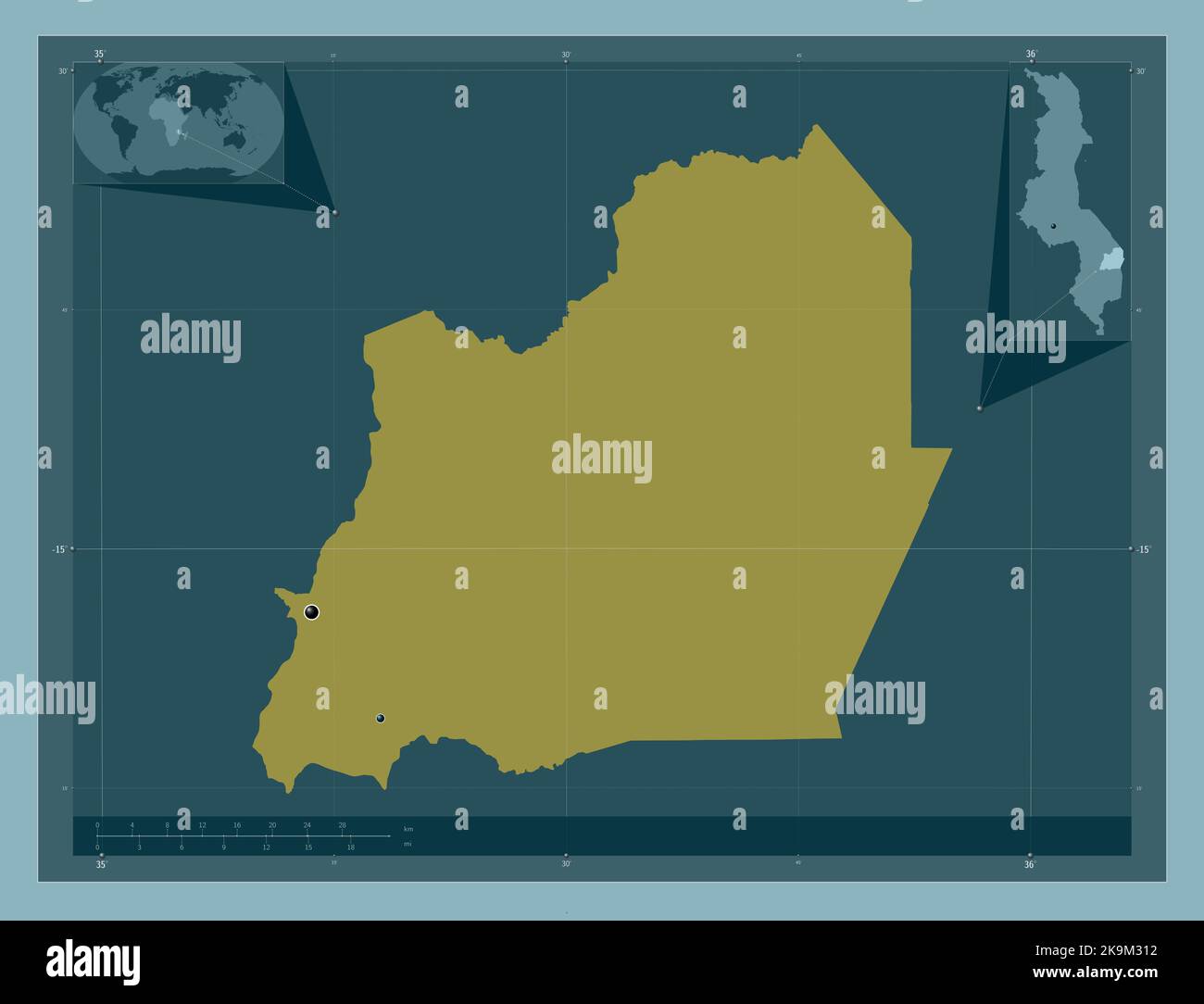 Machinga, district of Malawi. Solid color shape. Locations of major ...
