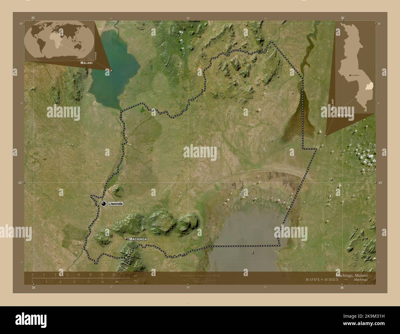 Machinga, district of Malawi. Low resolution satellite map. Locations ...