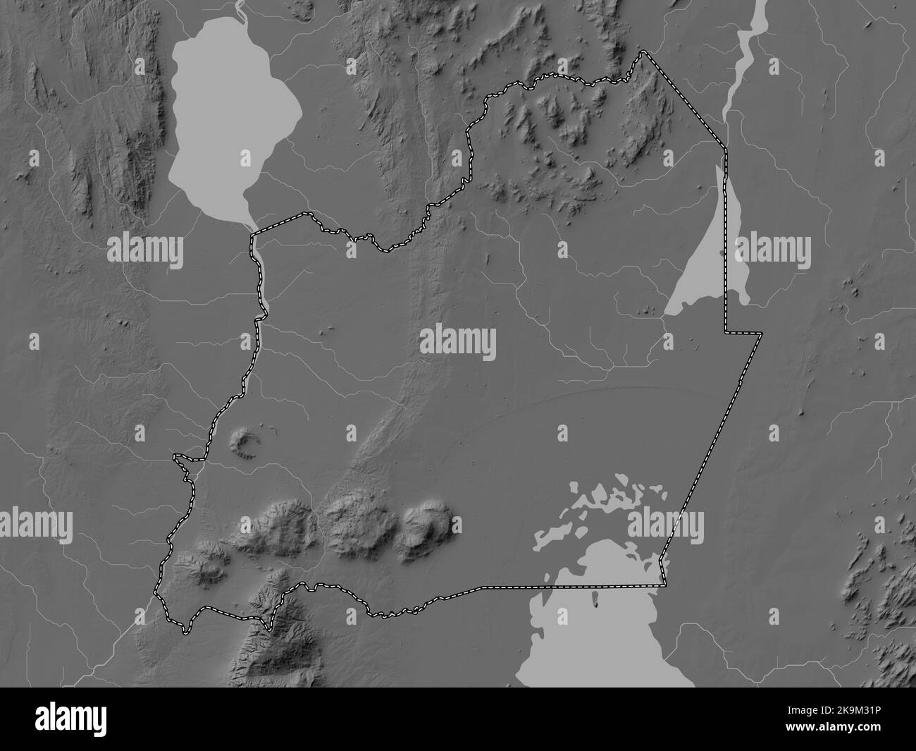 Machinga, district of Malawi. Grayscale elevation map with lakes and ...