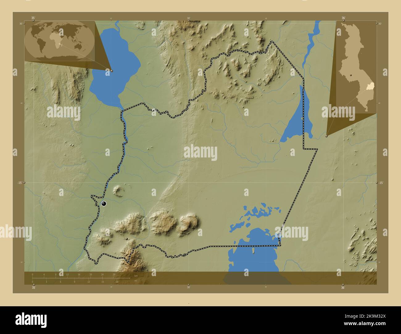 Machinga, district of Malawi. Colored elevation map with lakes and ...