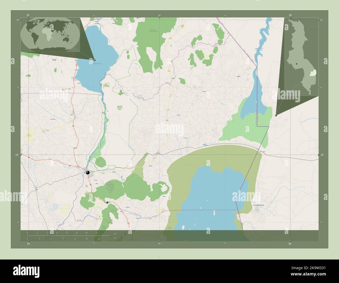 Machinga, district of Malawi. Open Street Map. Locations of major ...