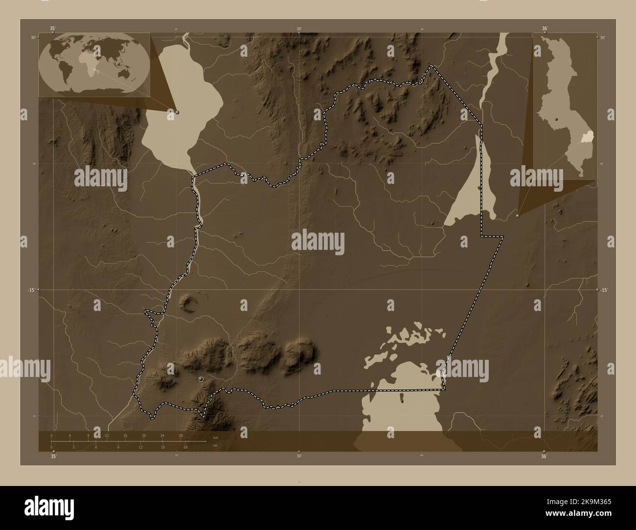 Machinga, district of Malawi. Elevation map colored in sepia tones with ...