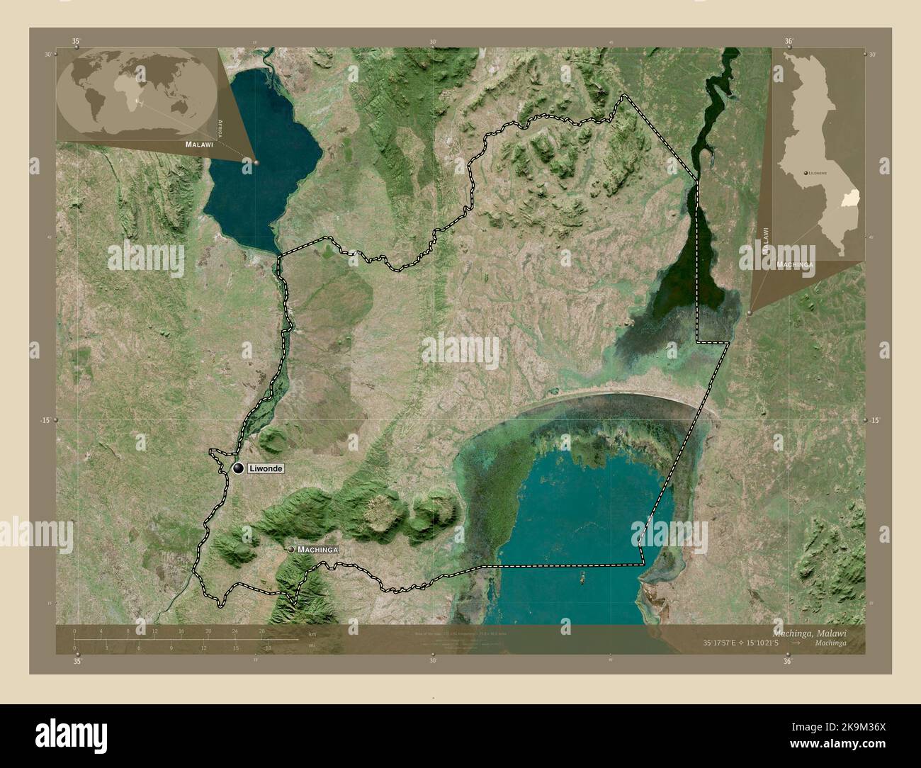 Machinga, district of Malawi. High resolution satellite map. Locations ...