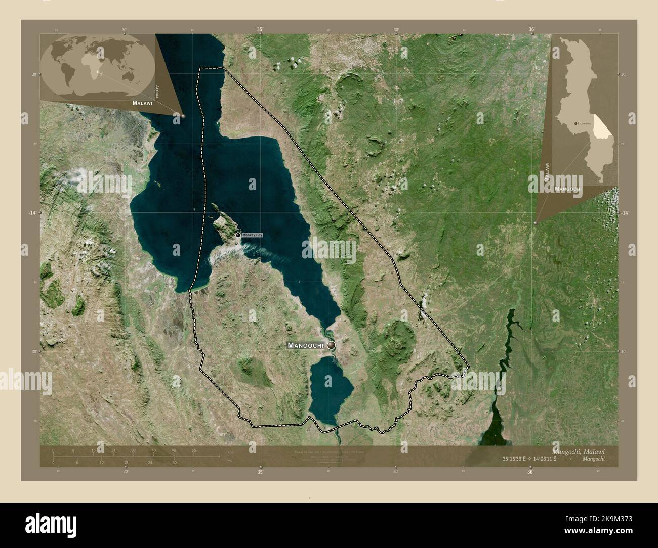 Mangochi, district of Malawi. High resolution satellite map. Locations ...