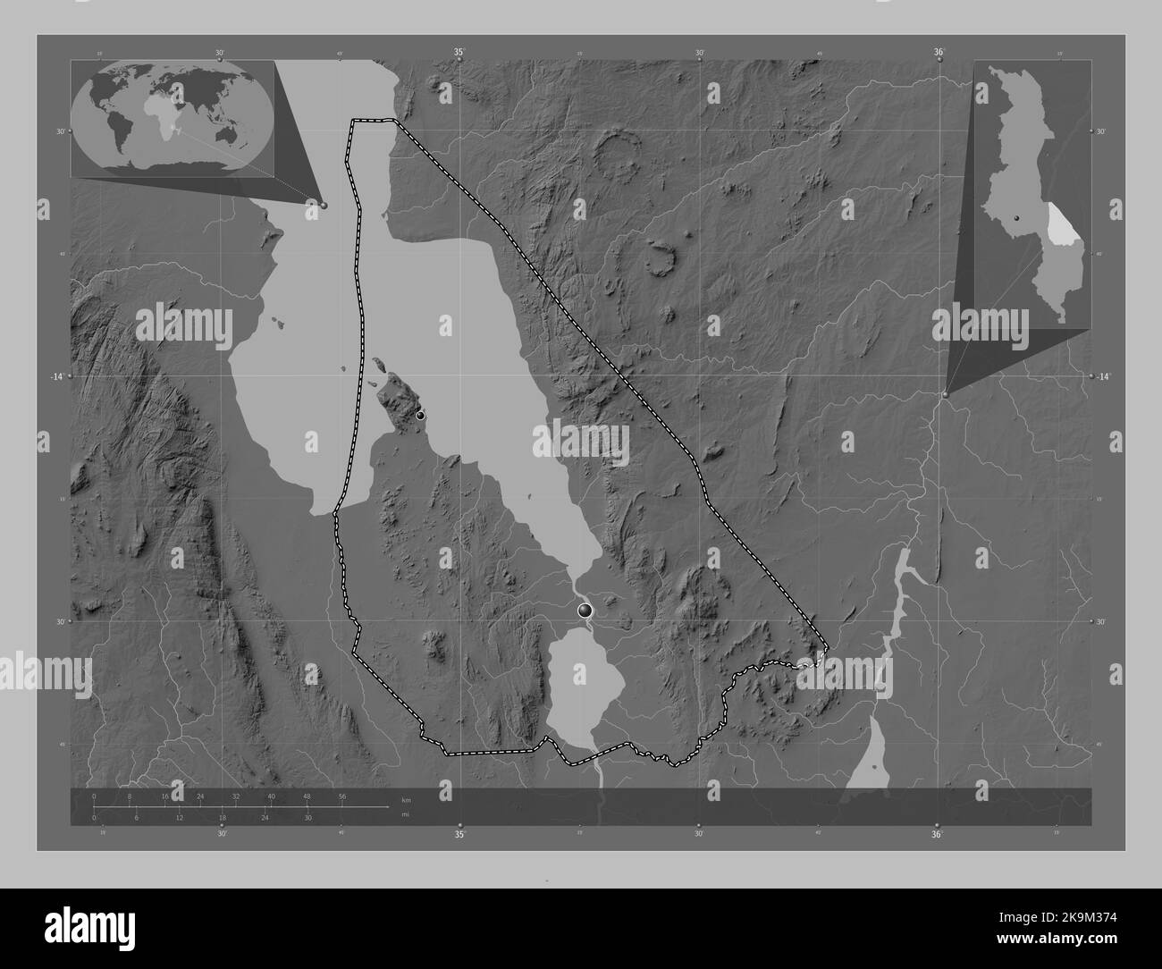 Mangochi, district of Malawi. Grayscale elevation map with lakes and ...