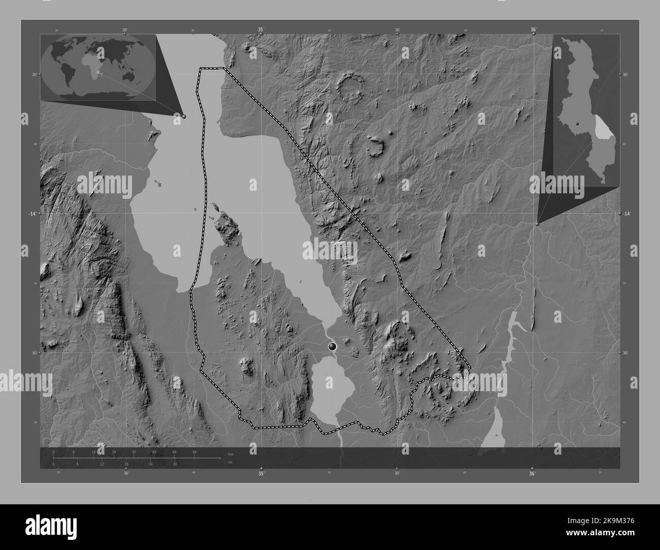 Mangochi, district of Malawi. Bilevel elevation map with lakes and ...