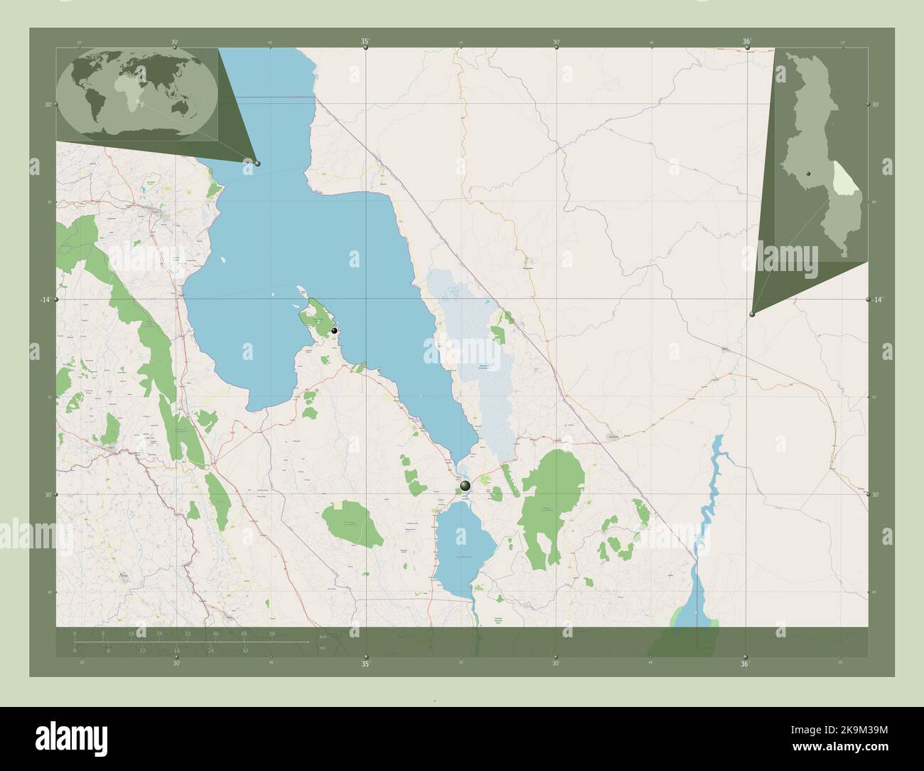 Mangochi, district of Malawi. Open Street Map. Locations of major ...
