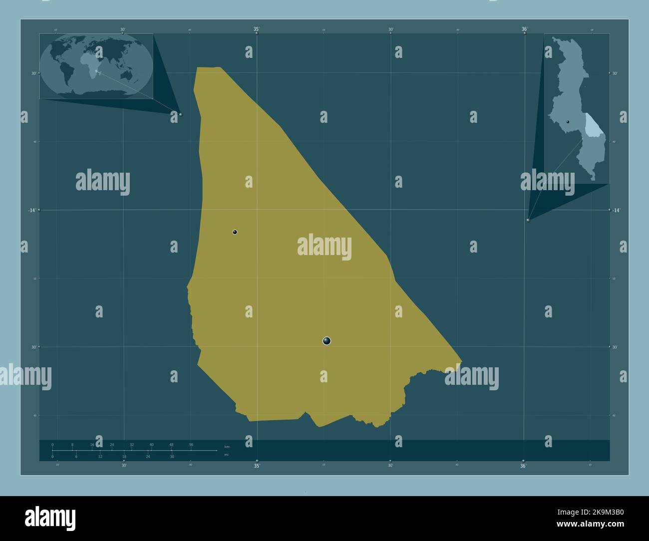 Mangochi, district of Malawi. Solid color shape. Locations of major ...