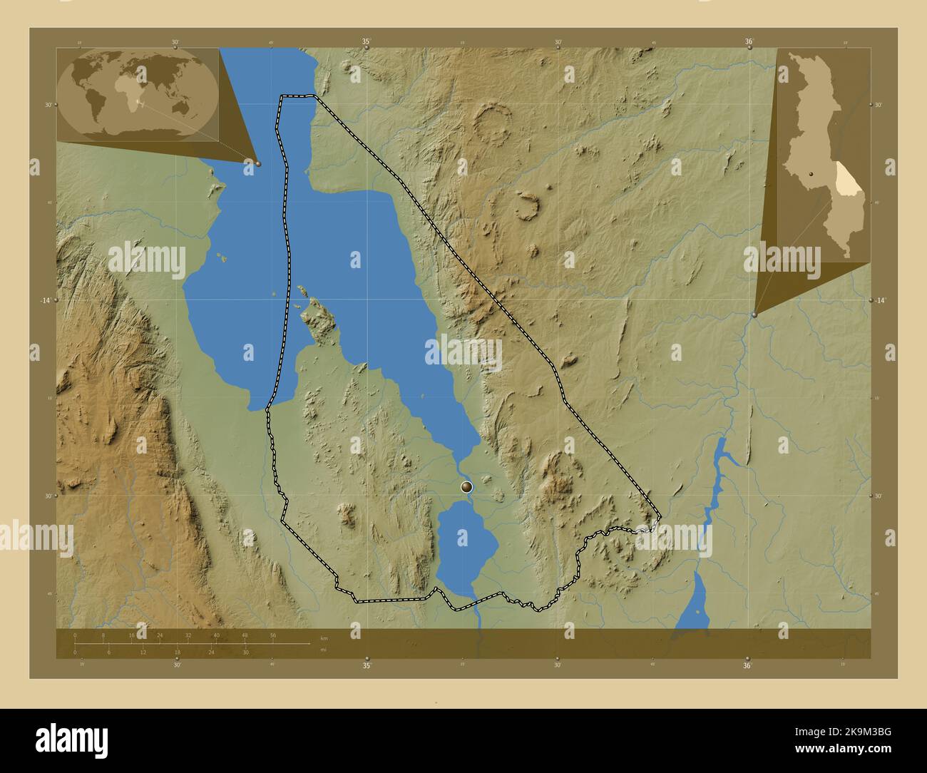 Mangochi, district of Malawi. Colored elevation map with lakes and ...
