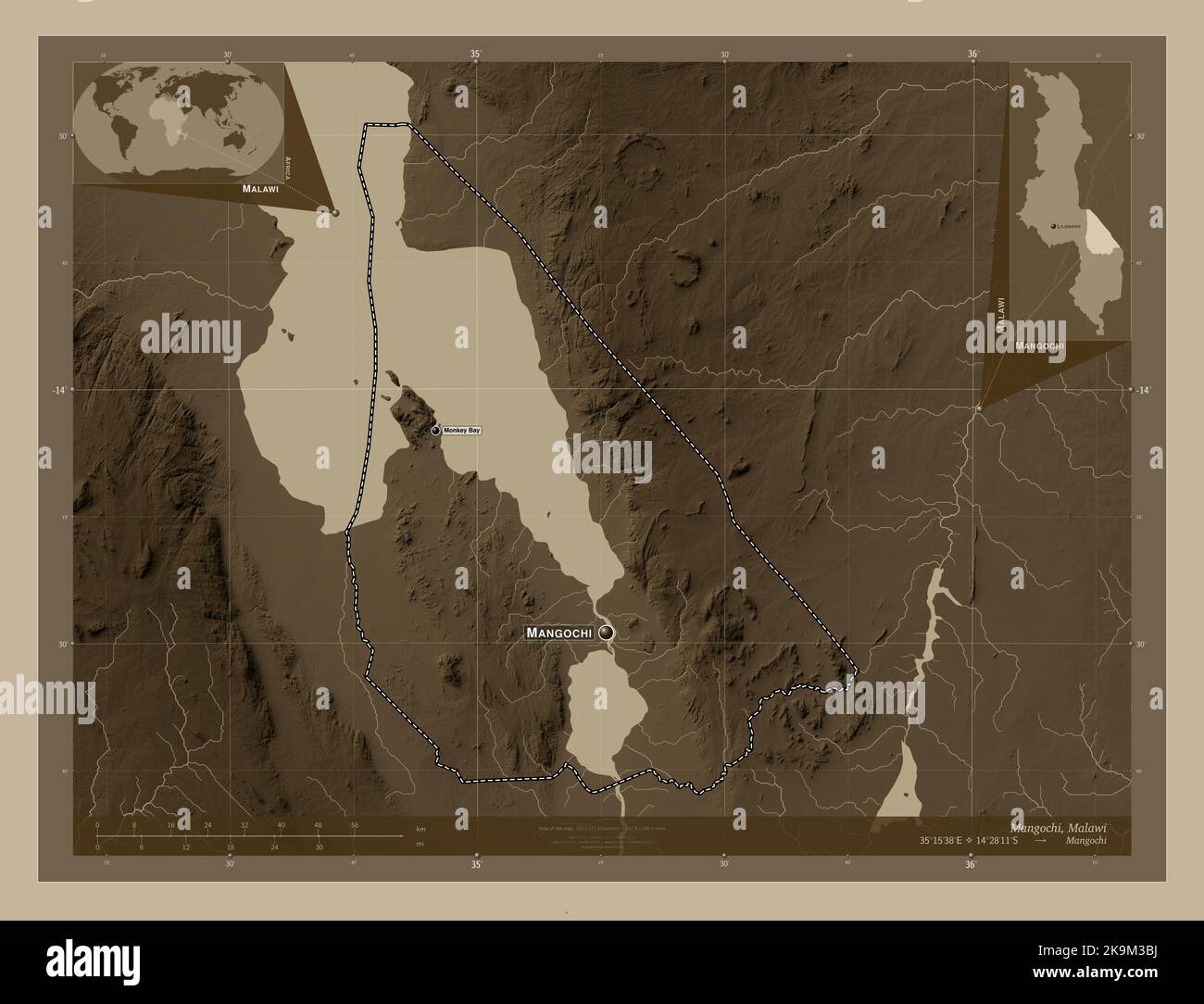 Mangochi, district of Malawi. Elevation map colored in sepia tones with ...