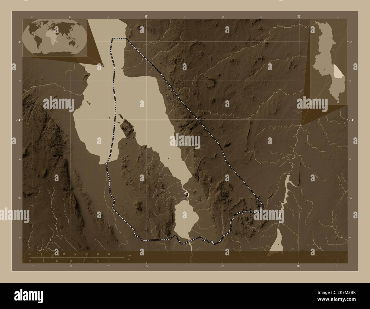 Mangochi, district of Malawi. Elevation map colored in sepia tones with ...