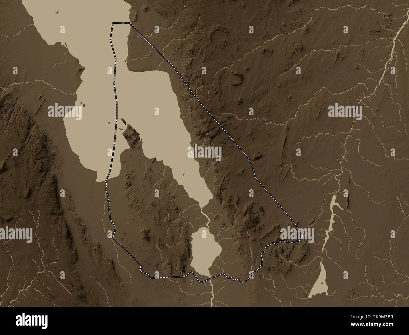 Mangochi, district of Malawi. Elevation map colored in sepia tones with ...