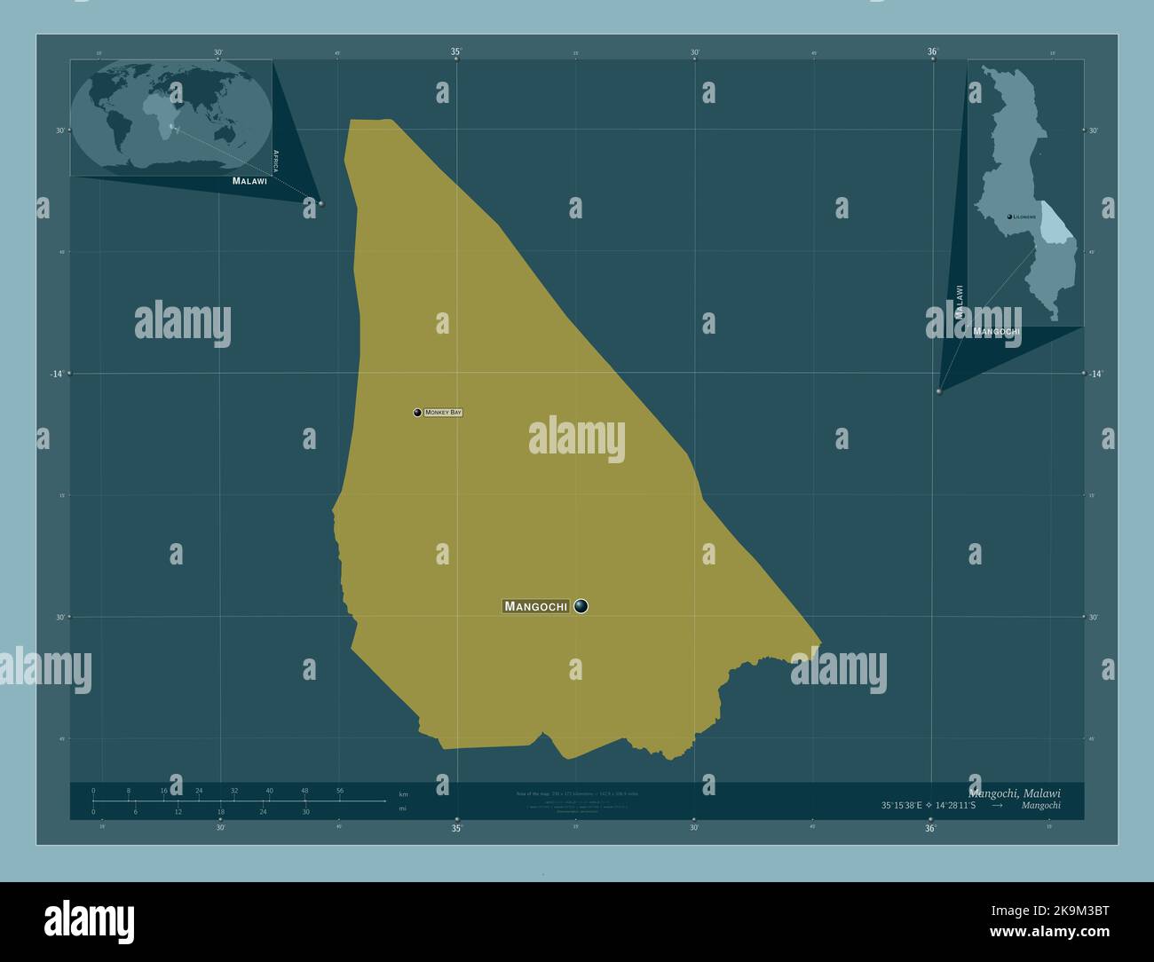 Mangochi, district of Malawi. Solid color shape. Locations and names of ...