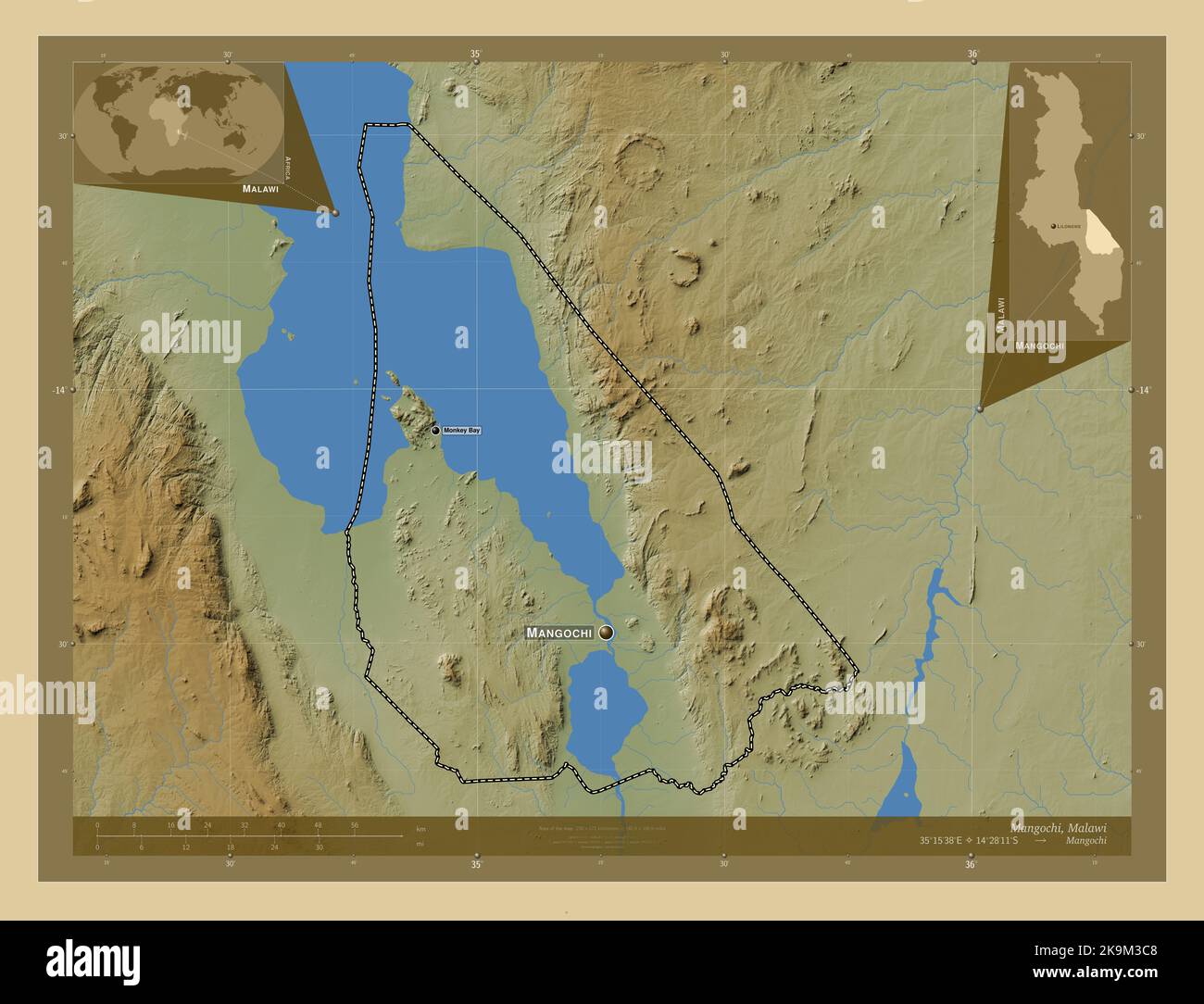 Mangochi, district of Malawi. Colored elevation map with lakes and ...
