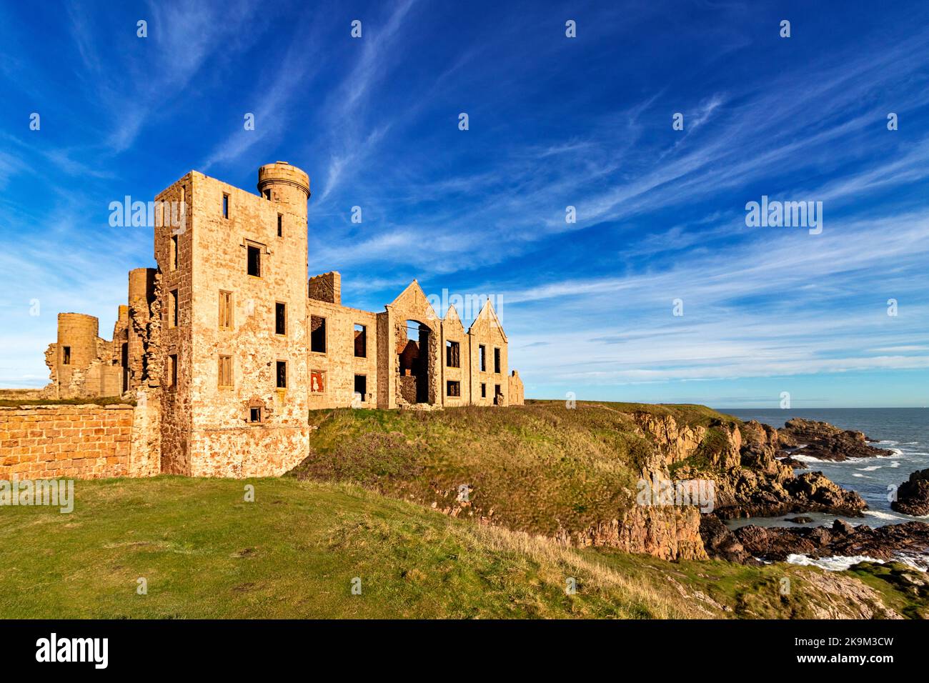 Slains Castle Cruden Bay Aberdeenshire Scotland sunshine and blue sky ...