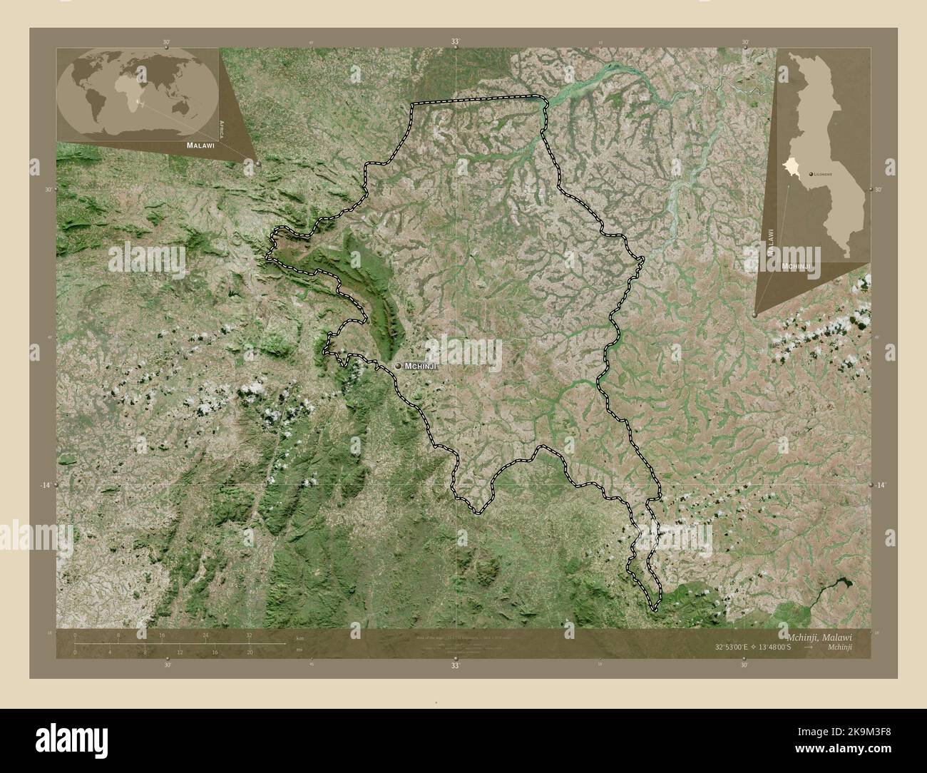 Mchinji, district of Malawi. High resolution satellite map. Locations ...