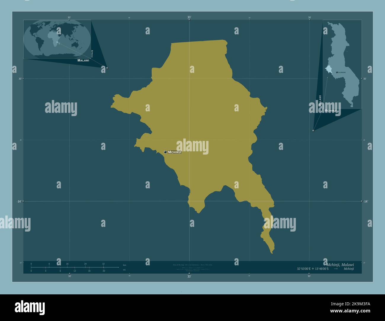 Mchinji, district of Malawi. Solid color shape. Locations and names of ...