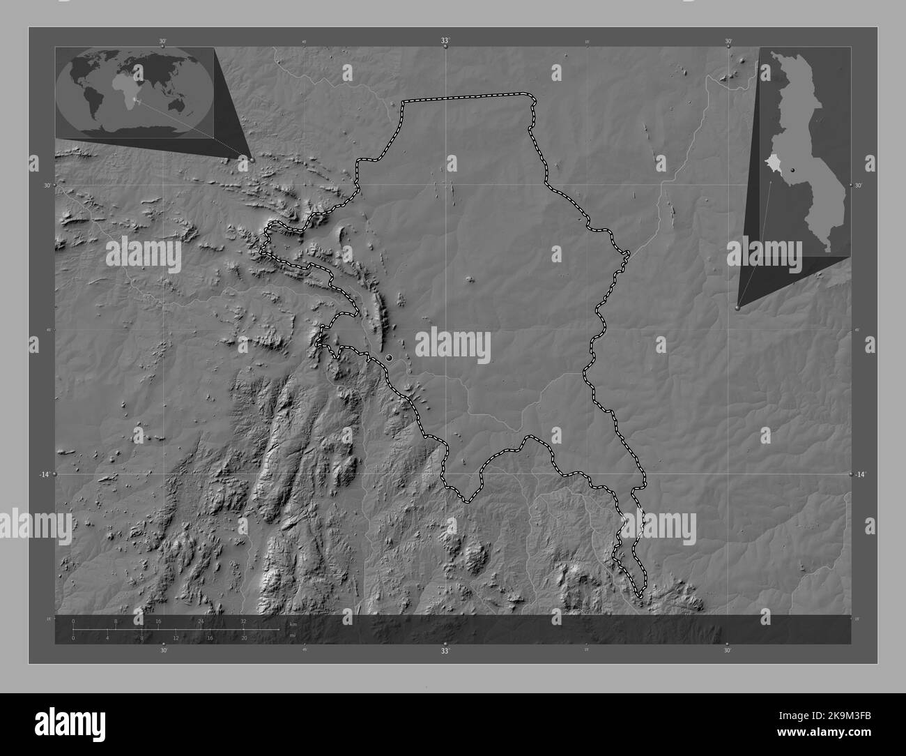 Mchinji, district of Malawi. Bilevel elevation map with lakes and ...