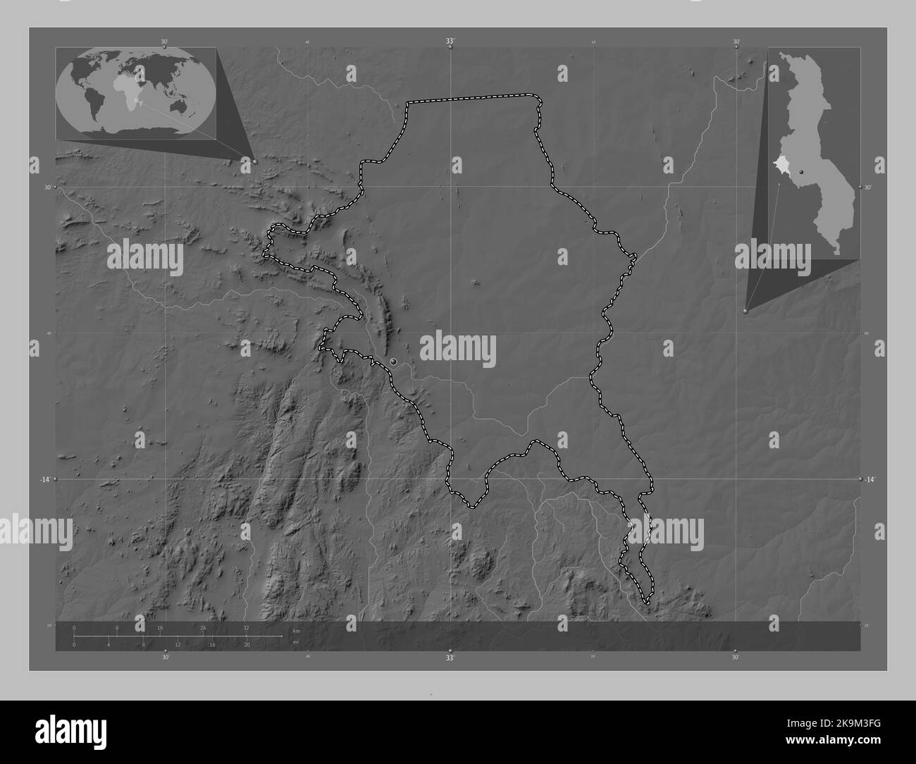 Mchinji, district of Malawi. Grayscale elevation map with lakes and ...