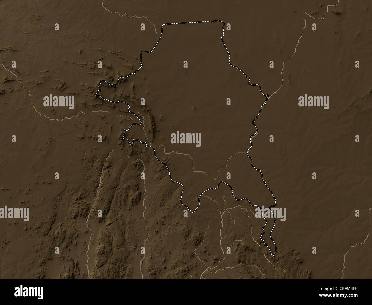 Mchinji, district of Malawi. Elevation map colored in sepia tones with ...