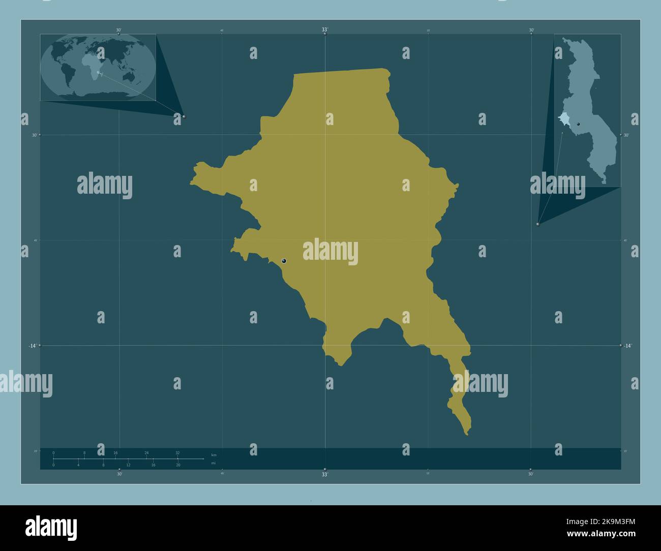 Mchinji, district of Malawi. Solid color shape. Corner auxiliary ...