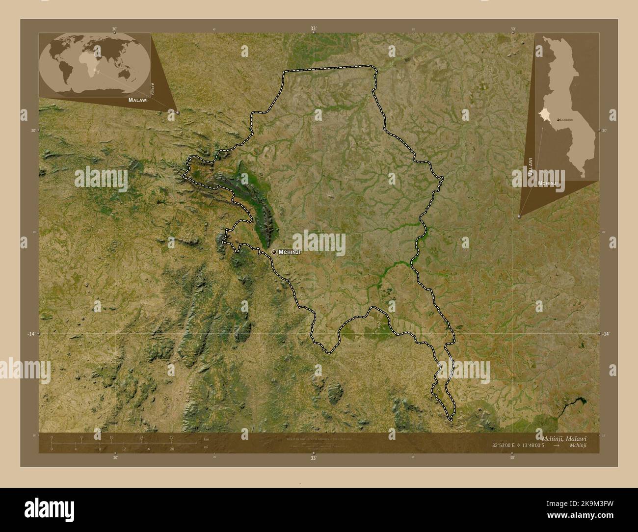 Mchinji, district of Malawi. Low resolution satellite map. Locations ...