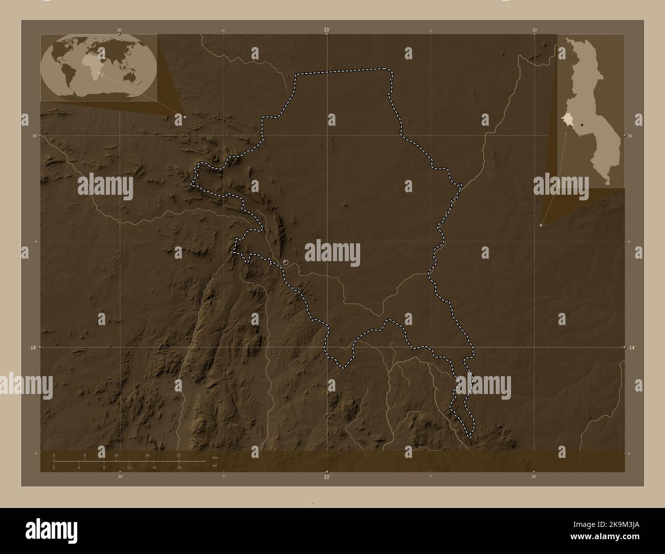 Mchinji, district of Malawi. Elevation map colored in sepia tones with ...