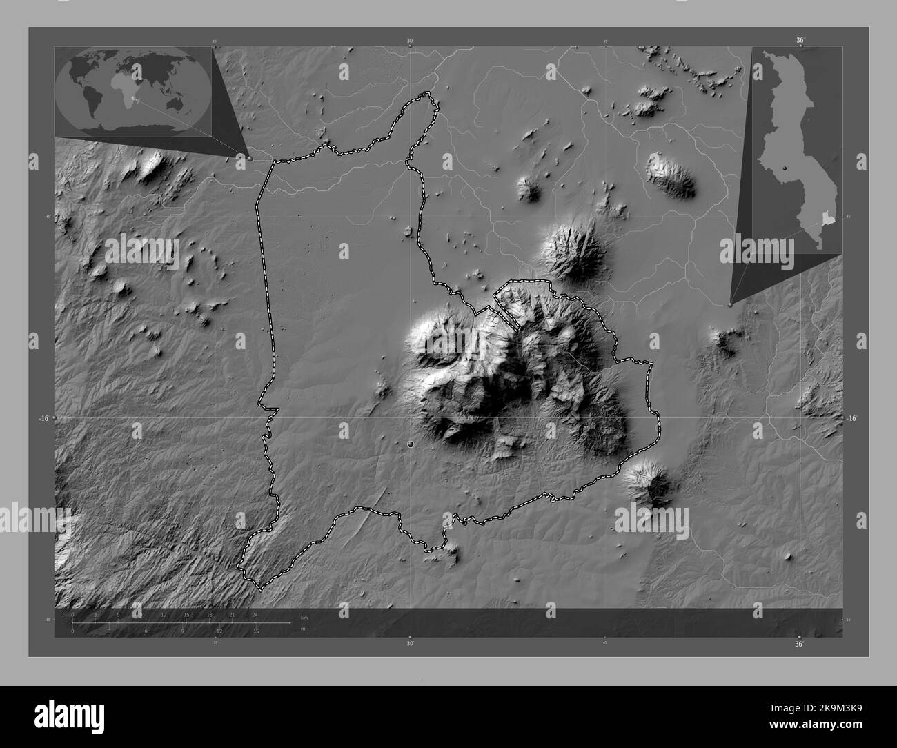 Mulanje, district of Malawi. Bilevel elevation map with lakes and ...