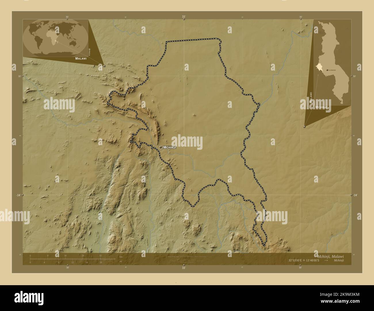 Mchinji, district of Malawi. Colored elevation map with lakes and ...