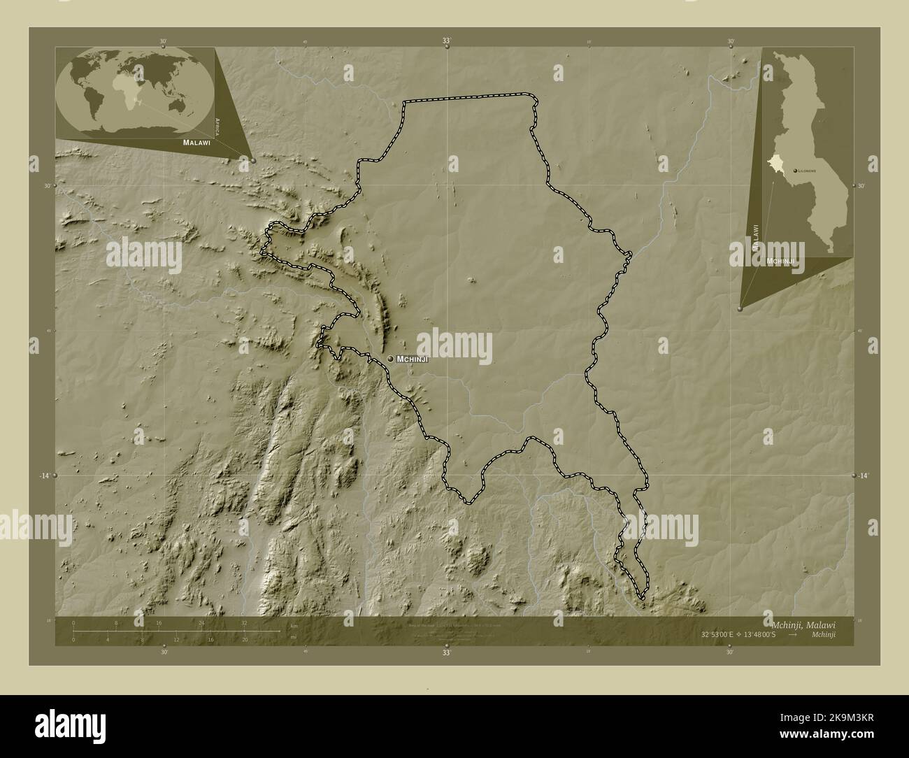Mchinji, district of Malawi. Elevation map colored in wiki style with ...