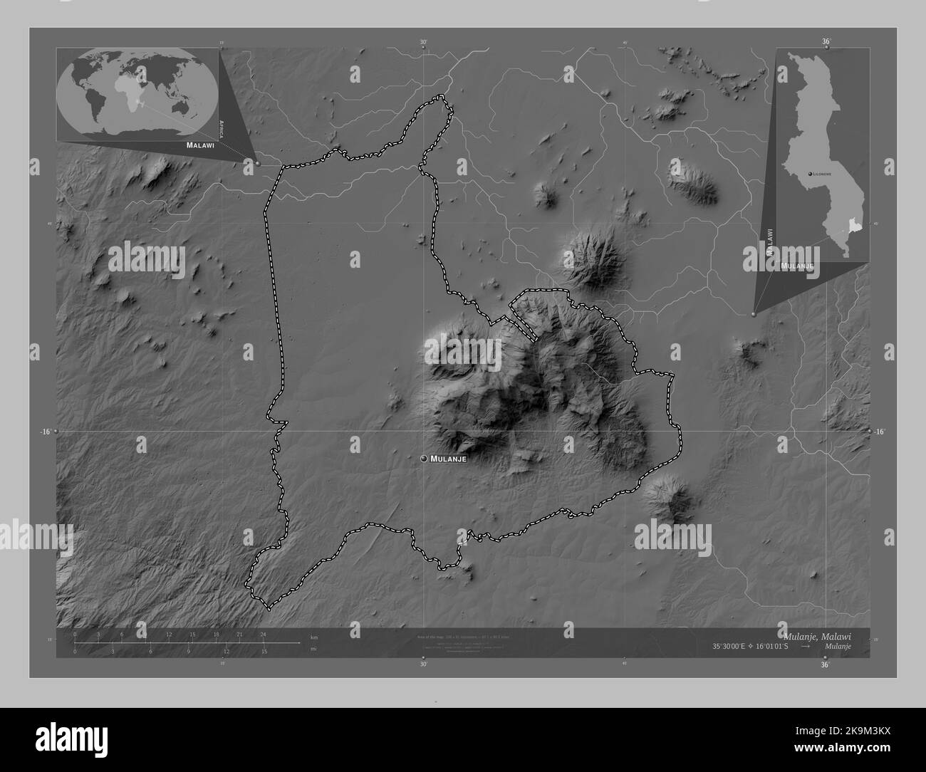 Mulanje, district of Malawi. Grayscale elevation map with lakes and ...