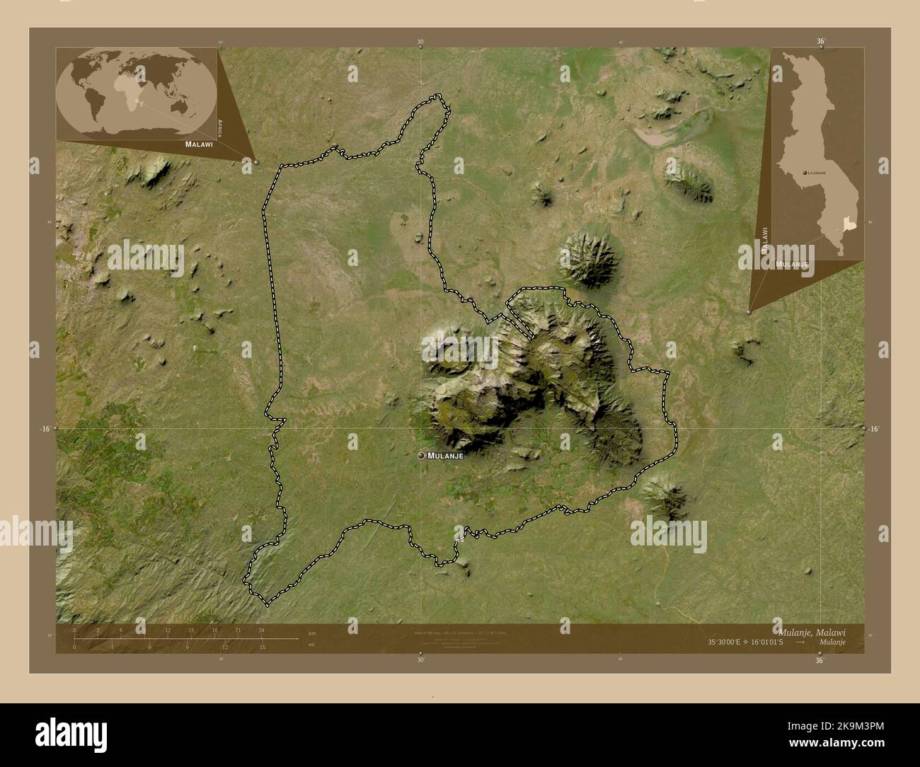 Mulanje, district of Malawi. Low resolution satellite map. Locations ...