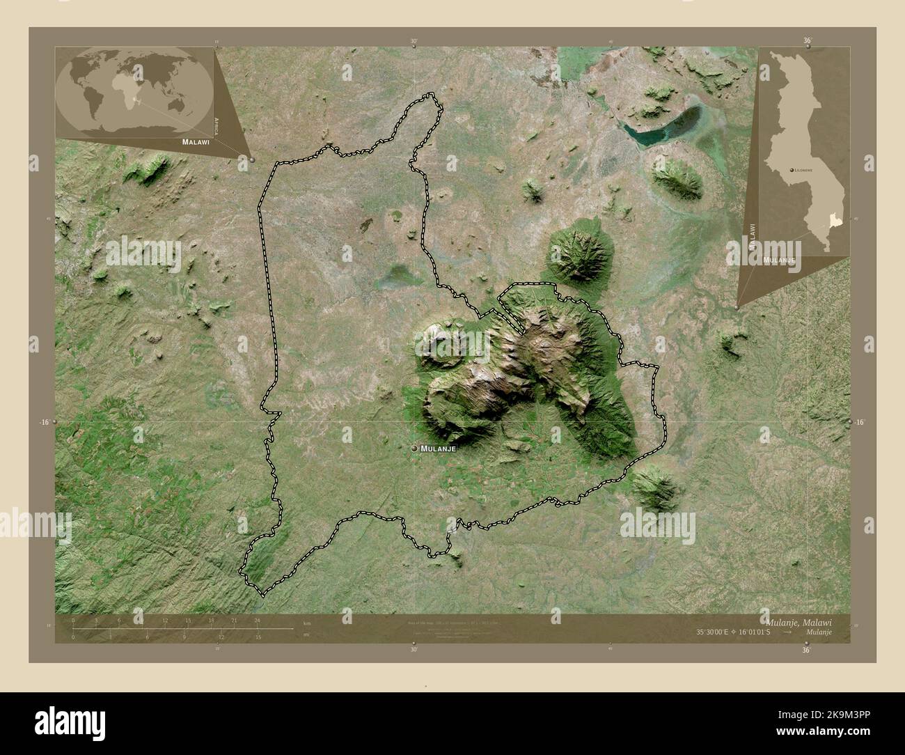 Mulanje, district of Malawi. High resolution satellite map. Locations ...