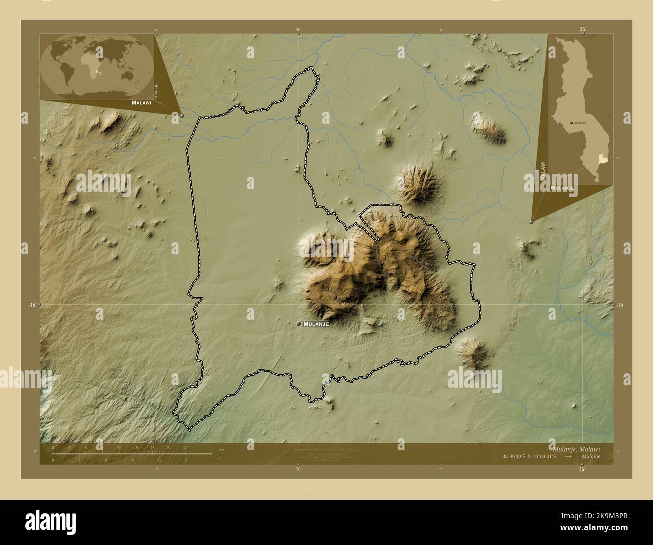 Mulanje, district of Malawi. Colored elevation map with lakes and ...