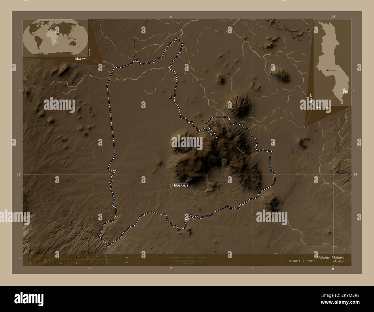 Mulanje, district of Malawi. Elevation map colored in sepia tones with ...