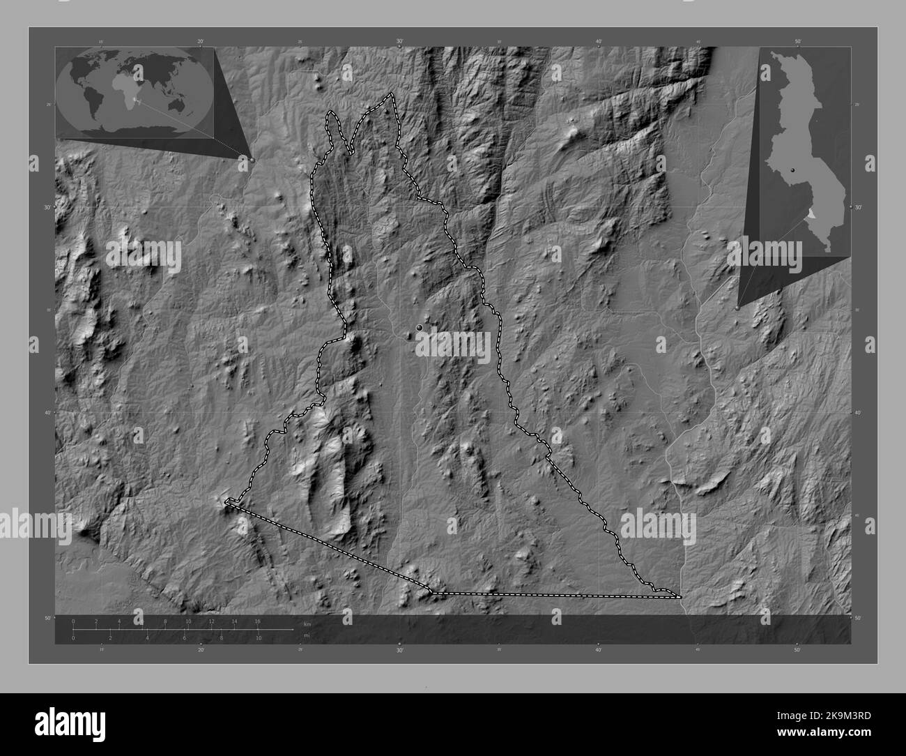 Mwanza, district of Malawi. Bilevel elevation map with lakes and rivers ...