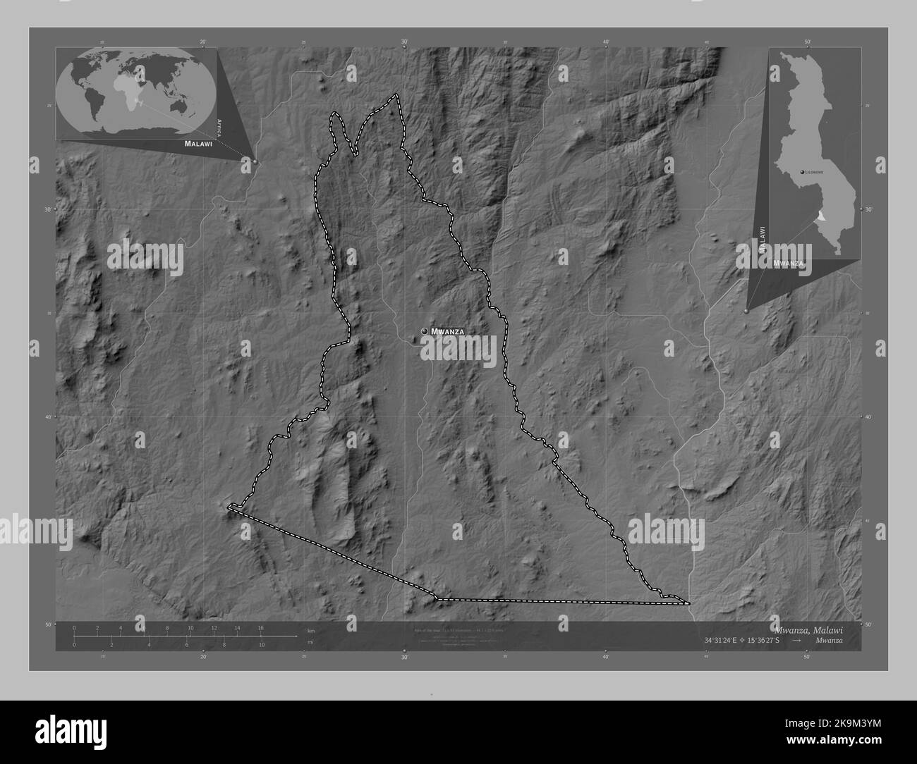 Mwanza, district of Malawi. Grayscale elevation map with lakes and ...