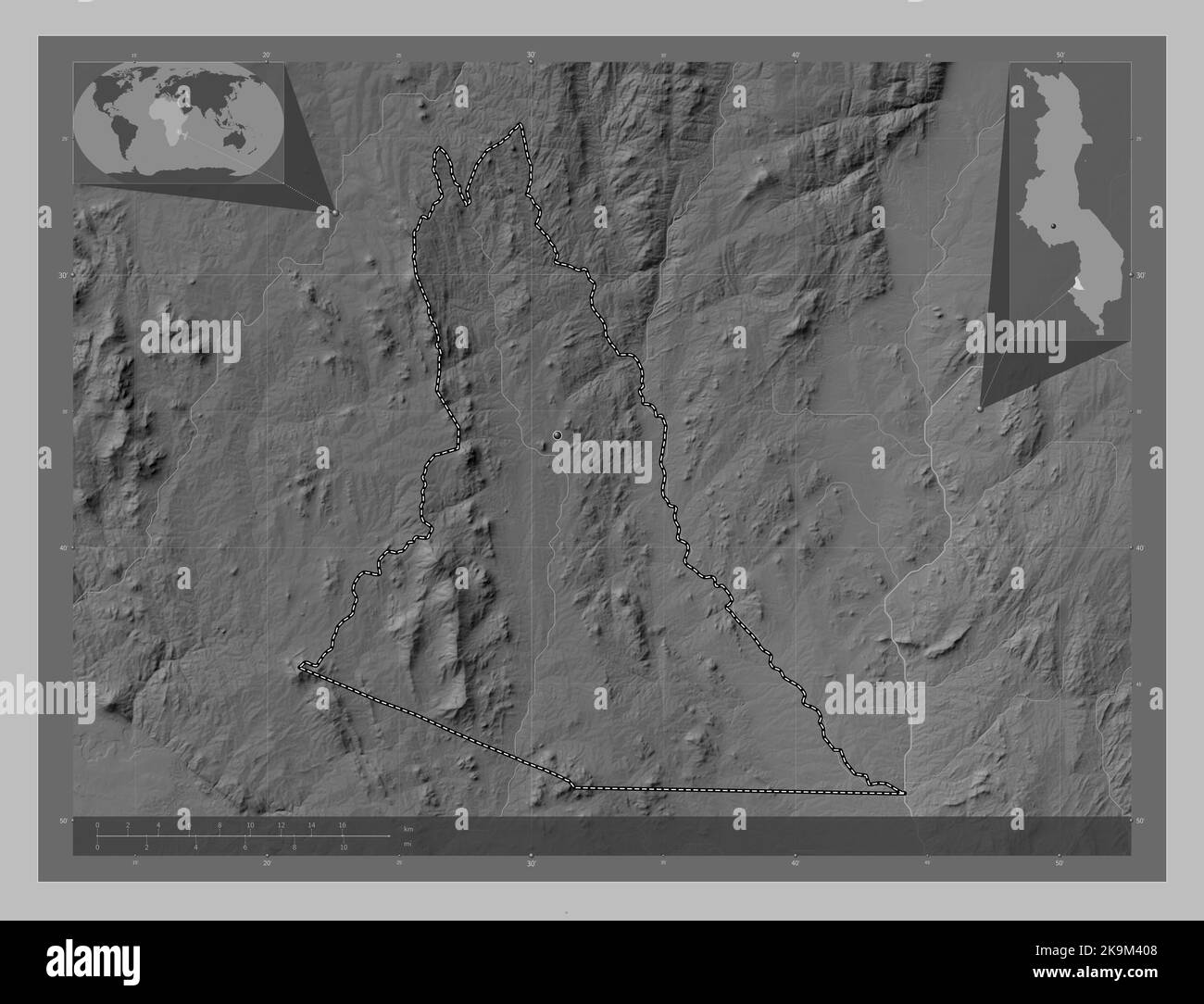 Mwanza, district of Malawi. Grayscale elevation map with lakes and ...